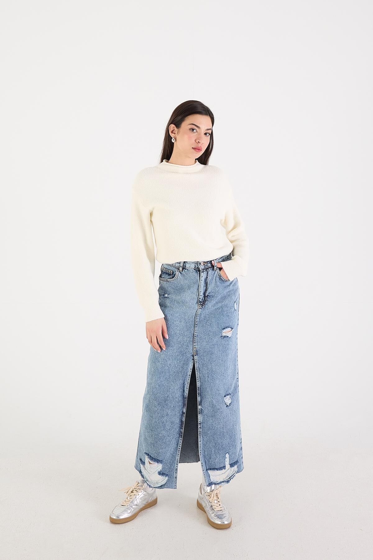 Bisiklet Yaka Yumuşak Dokulu Triko Kazak K3347-A3 Ekru